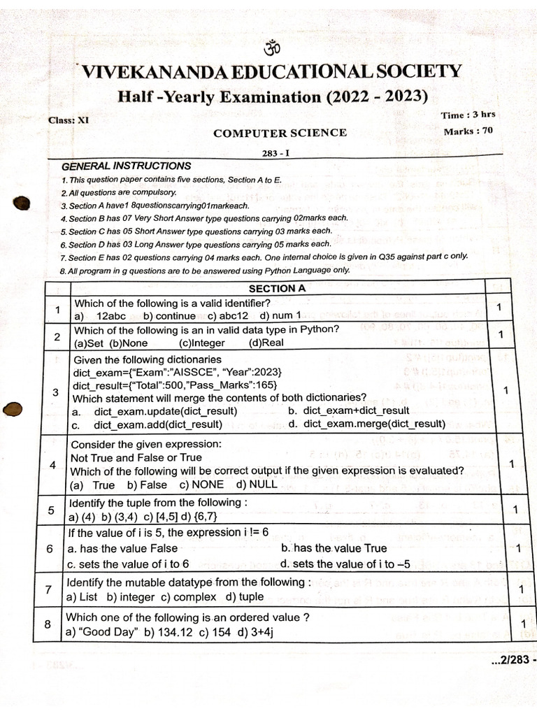 Computer Science Half Yearly Examination 2022-23 | PDF
