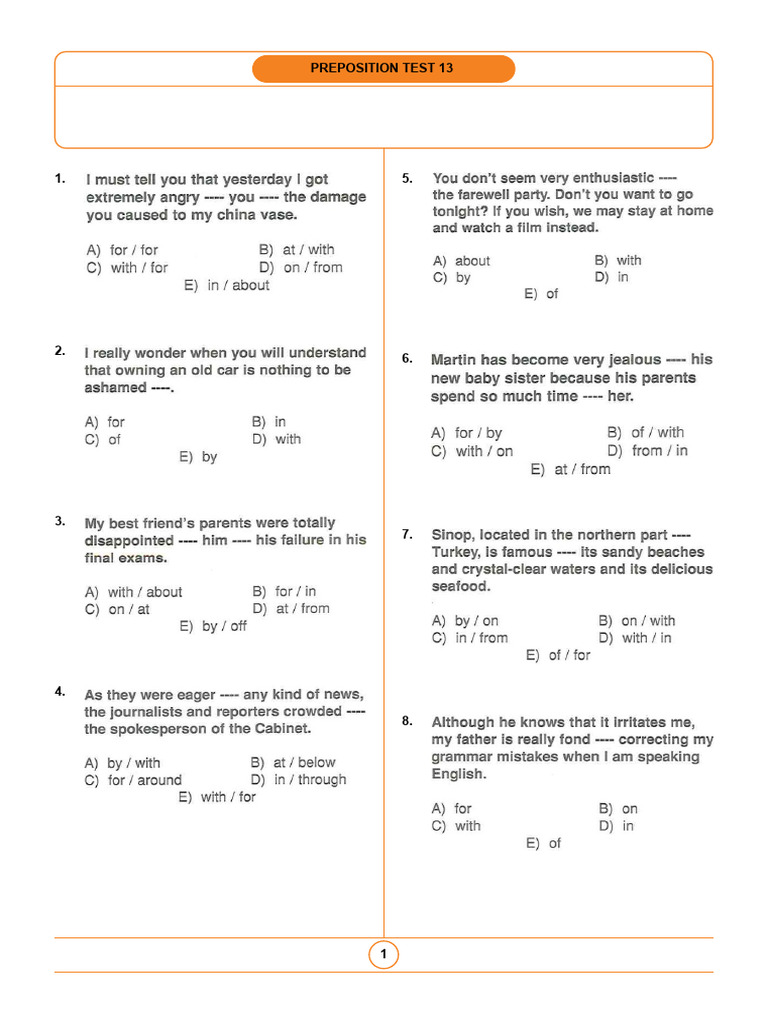 PREPOSITION TEST 13 Sıkıştırılmış | PDF