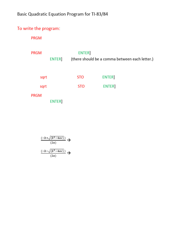 Basic Quadratic Equation Program For Ti | PDF