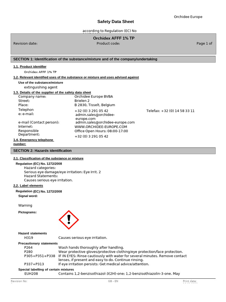 Msds Orchidex Afff 1 TP Oe en | PDF | Waste | Water Pollution