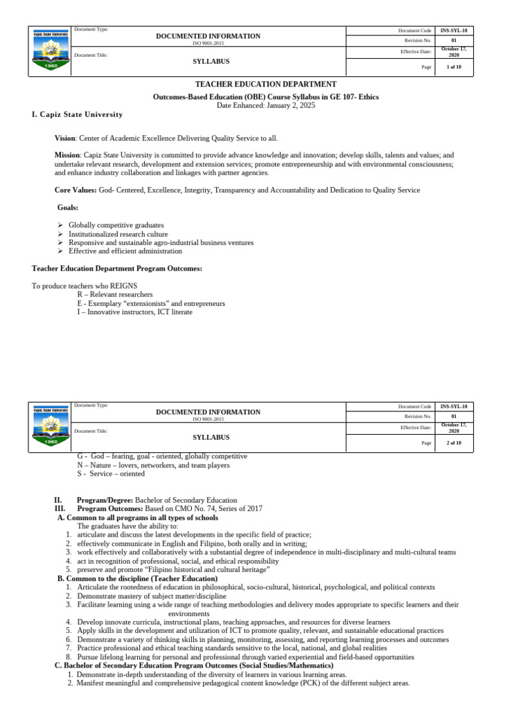 OBE Syllabus for GE 107 Ethics Course | PDF | Learning | Morality