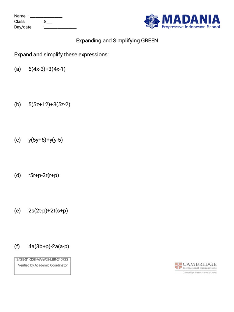 Expanding and Simplifying GREEN Expand and Simplify These Expressions: (A) 6 (4x-3) +3 (4x-1) | PDF