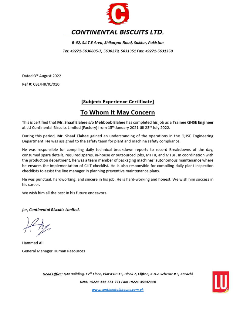 Experience Certificate LU CBL Sukkur | PDF