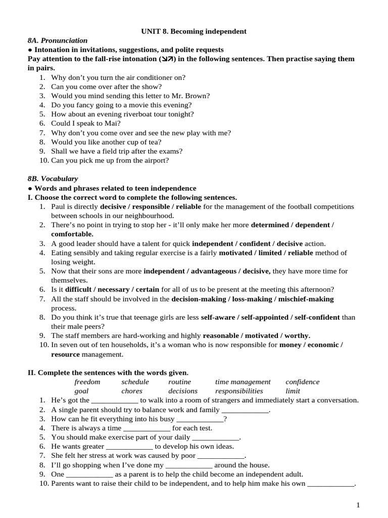 Unit 8: Skills for Independence | PDF