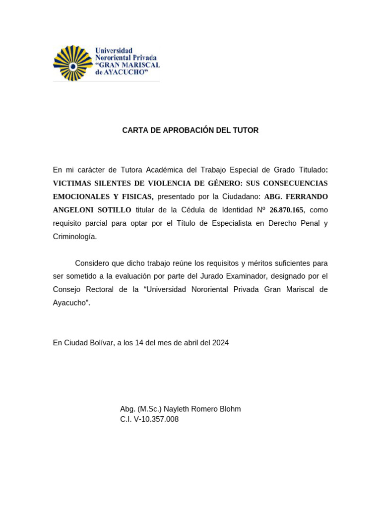 CARTA DE APROBACIÓN DEL TUTOR | PDF