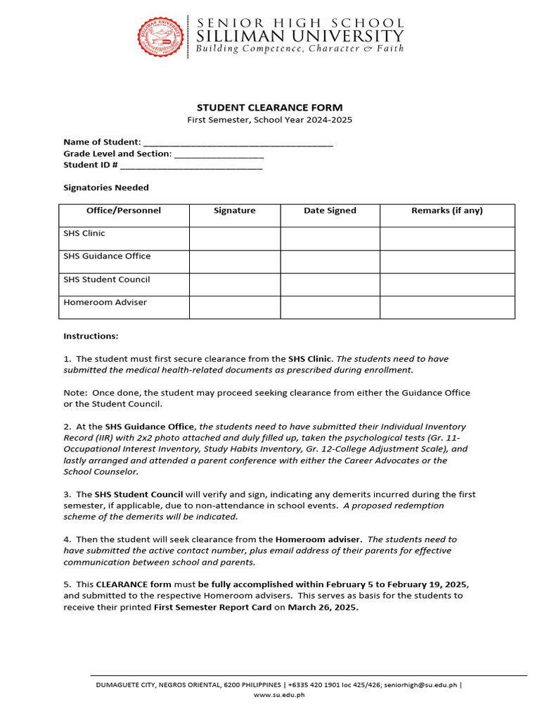 Student Clearance Form for SHS 2024-2025 | PDF
