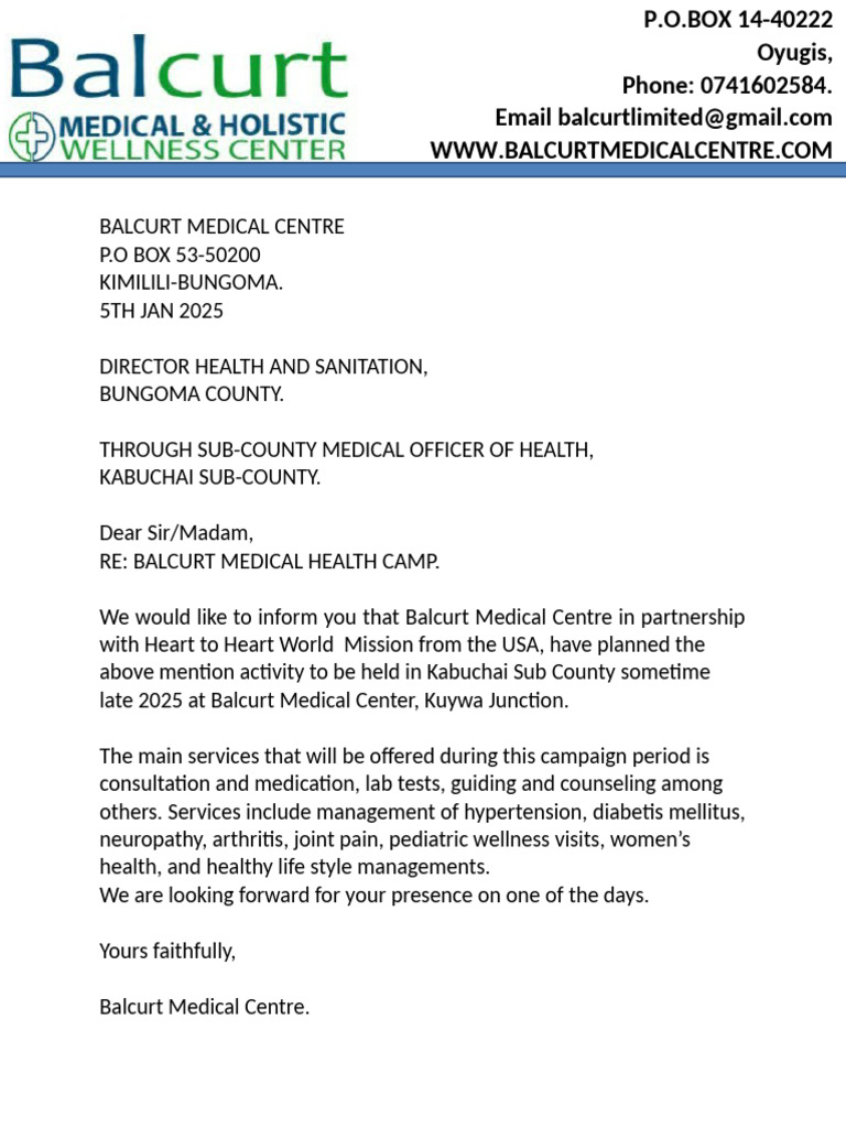 Balcurt Medical Center Health Camp Letter | PDF