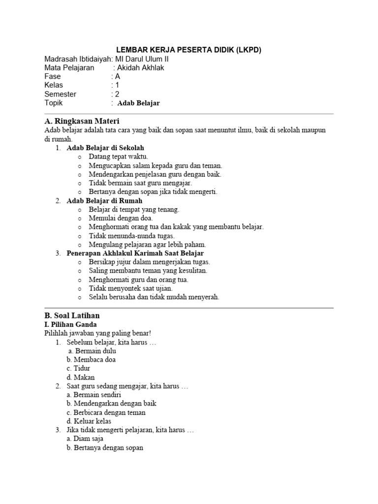LKPD Adab Belajar | PDF