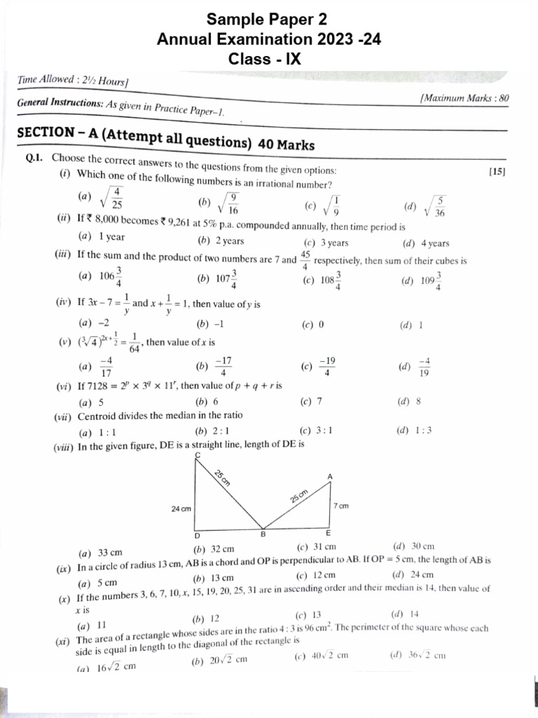 IX Annuals Practice Paper 3 m | PDF | Rectangle | Circle