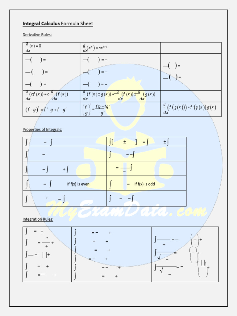 Integral Calculus Formula | PDF | Trigonometric Functions | Area