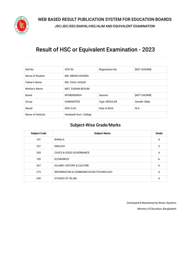 Result of HSC or Equivalent Examination - 2023: Web Based Result ...
