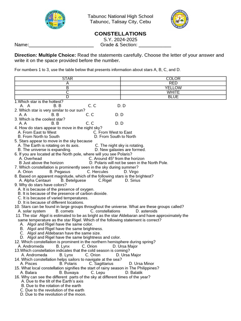 constellations-QUIZ | PDF | Stars | Constellation