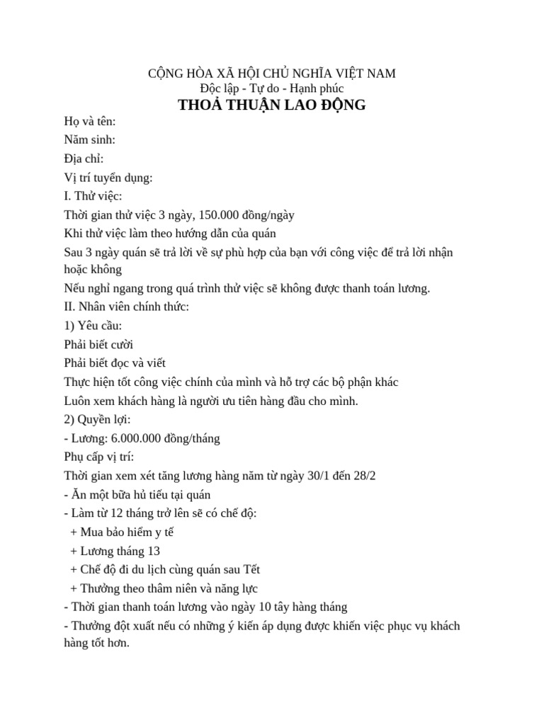 Thoa Thuan Lao Dong | PDF