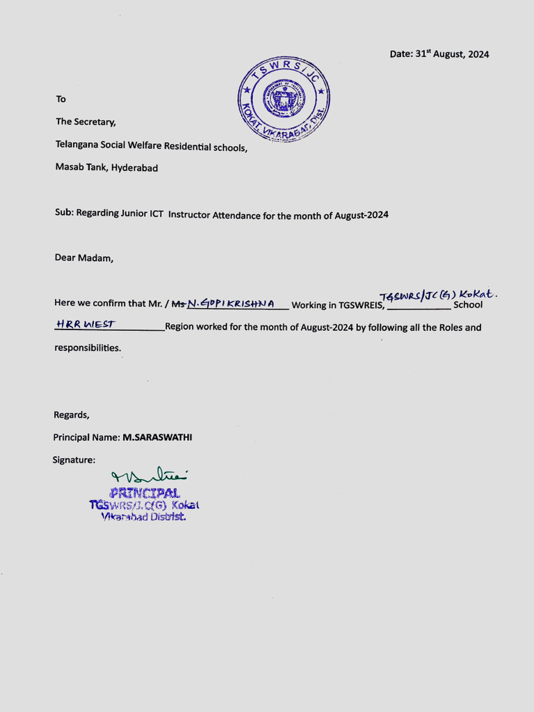Attendance Letter TGSWRSJC Kokat at Yalal Gopikrishna August-2024 | PDF