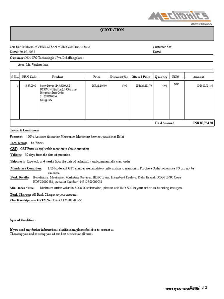 Sfo - PI For Screwdrivers - 20-02-2025 | PDF | Payments | Business