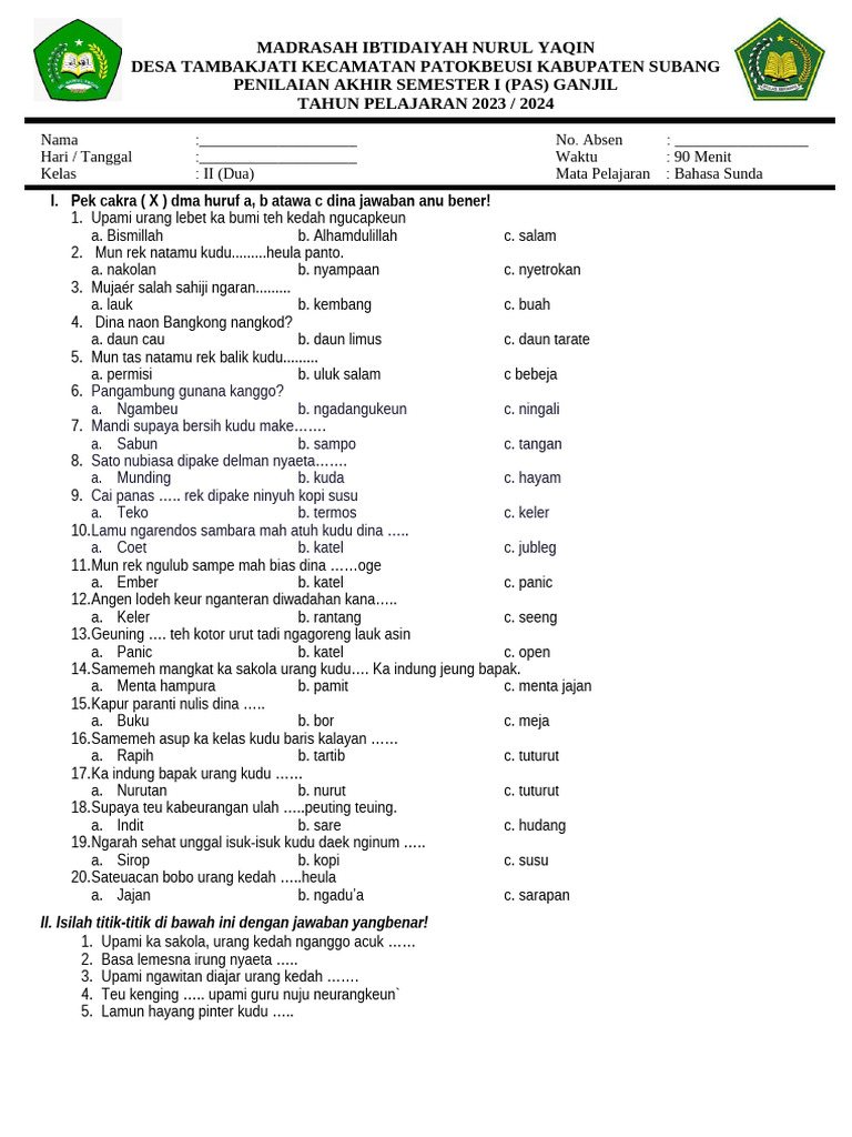 Soal B.sunda Kelas 2 | PDF