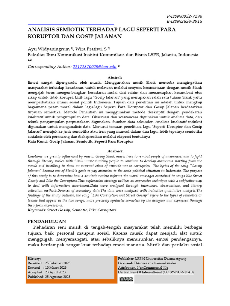Analisis Semiotik Terhadap Lagu Seperti para Koruptor Dan Gosip Jalanan | PDF