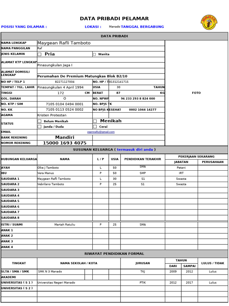 Form Data Pelamar MR DIY Indonesia Isi | PDF