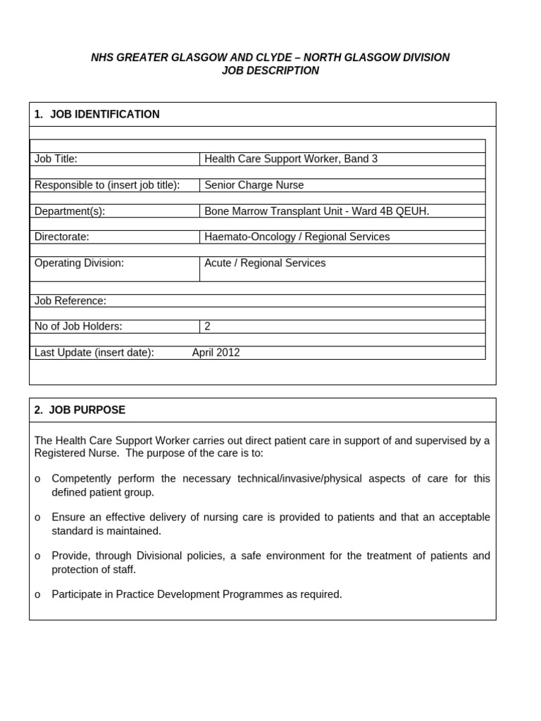 Health Care Support Worker-Bone Marrow Transplant Unit - GGC197711 Job ...