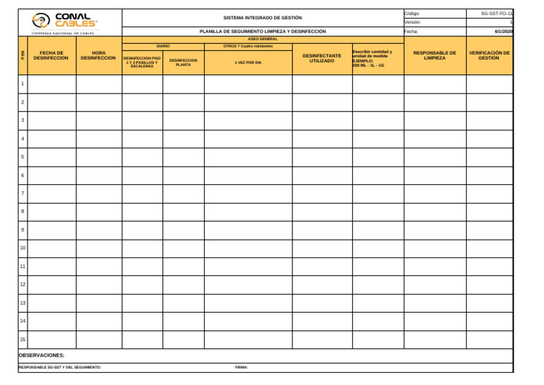 Planilla de Seguimiento Limpieza y Desinfección | PDF