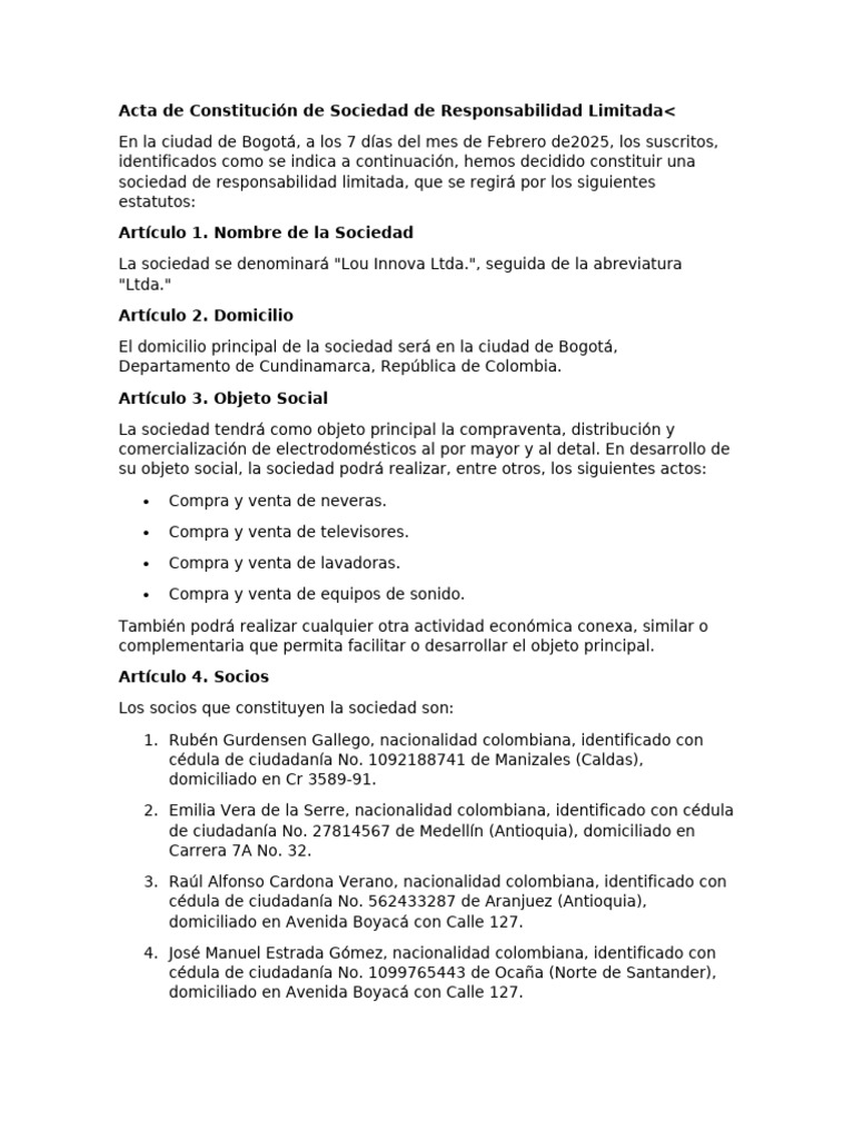 Acta de Constitución de Sociedad de Responsabilidad Limitada | PDF