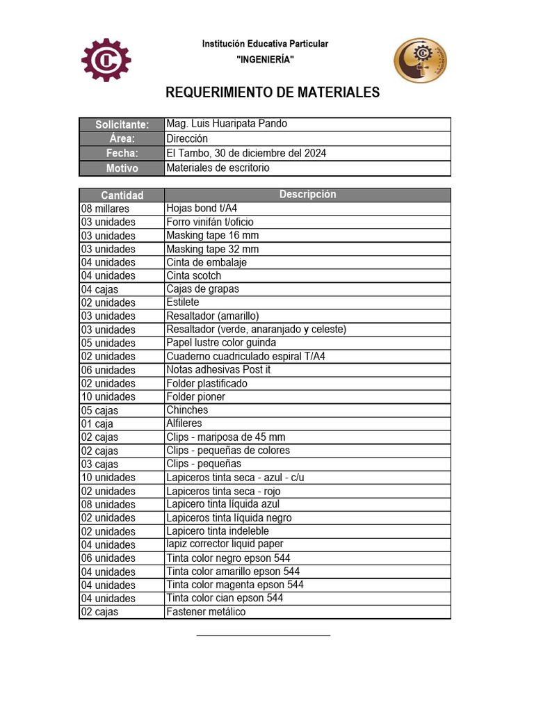 Requerimiento de Materiales 2025 | PDF