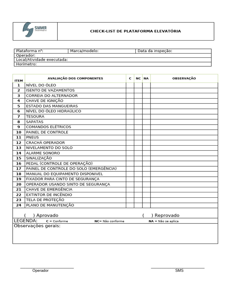 Check-List de Plataforma Elevatória | PDF