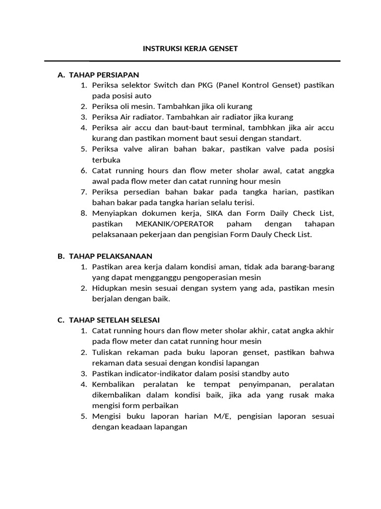 Instruksi Kerja Genset | PDF