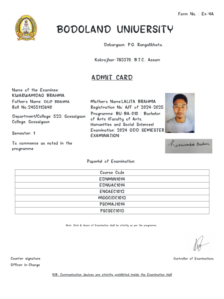 Bodo University Admit Card Guidelines | PDF | Justice | Crime & Violence