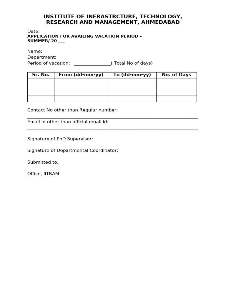 Form for Availing Vacation Period Ph D & JRF (1) | PDF