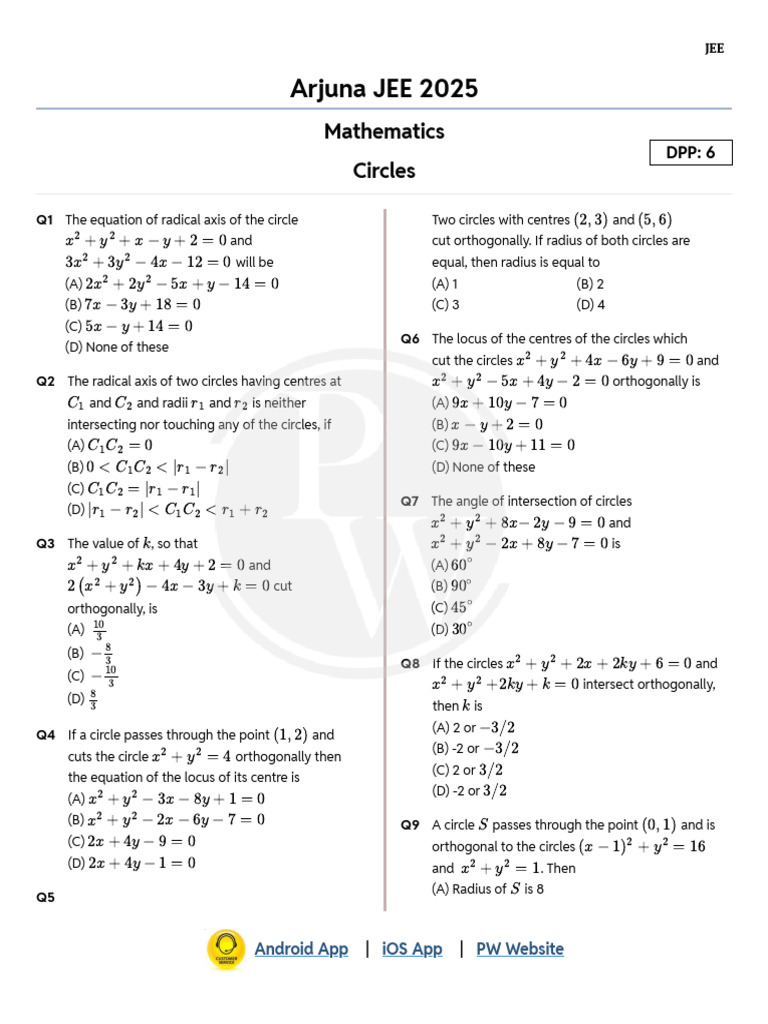 Circles - DPP 06 (Of Lec 09) - Arjuna JEE 2025 | PDF | Geometry | Euclidean Plane Geometry