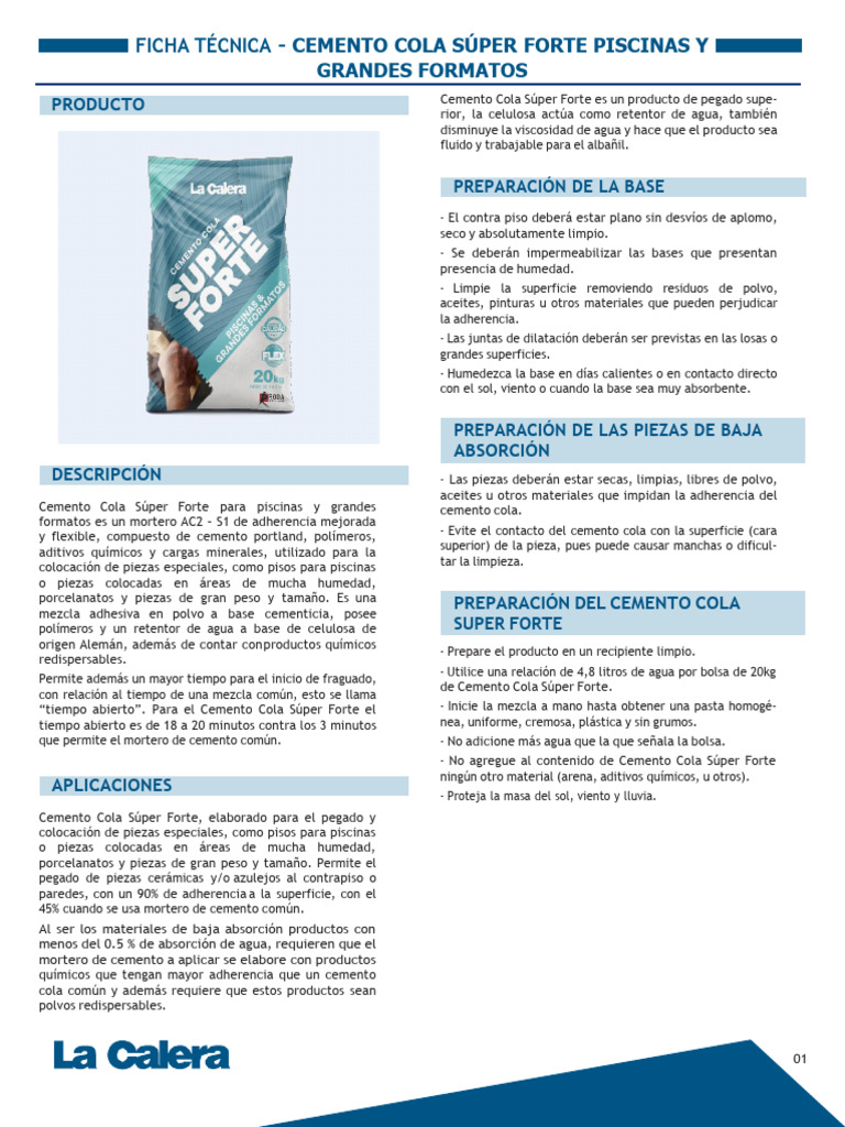 FT - Cemento Cola Super Forte Piscinas y Grandes Formatos | PDF ...