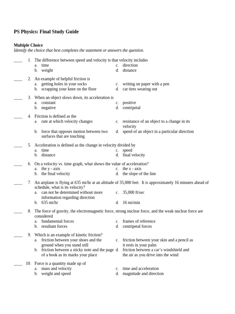 PS Physics Final Study Guide MC | PDF | Force | Weight