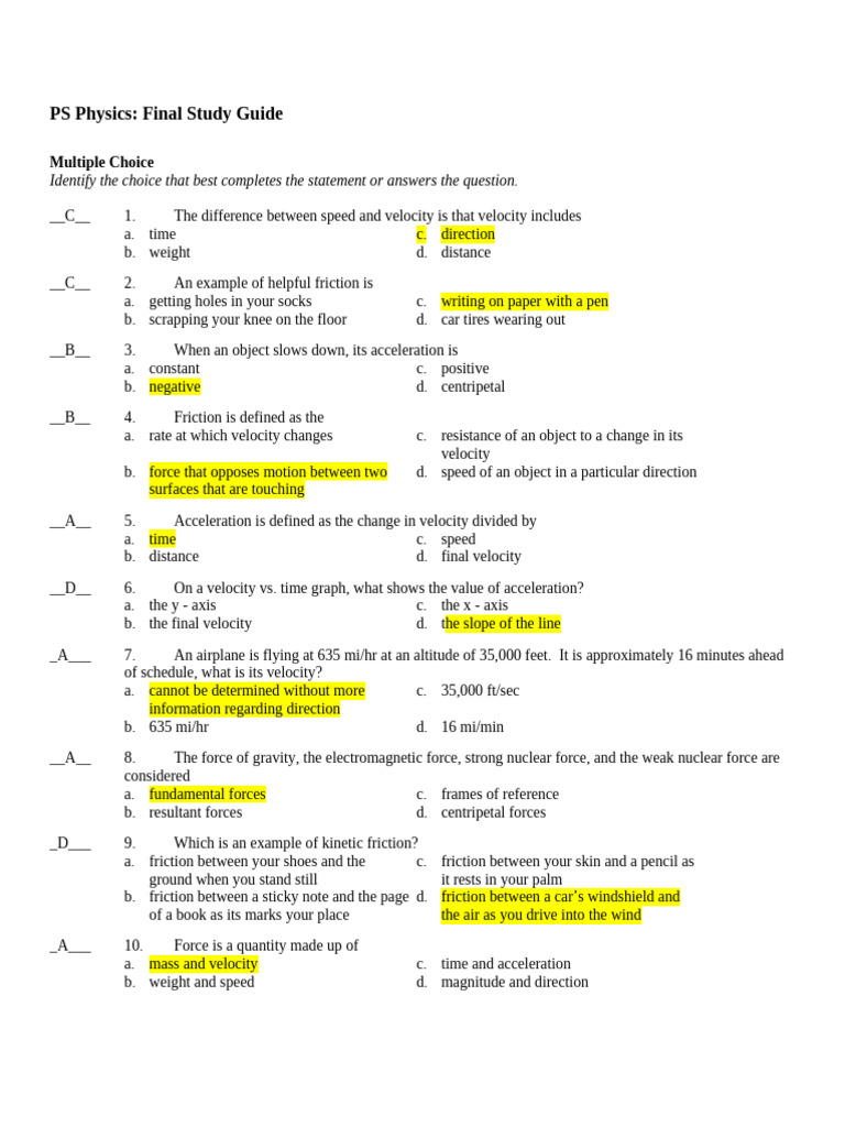 PS Physics Final Study Guide MC - Answer Key | PDF | Force | Weight