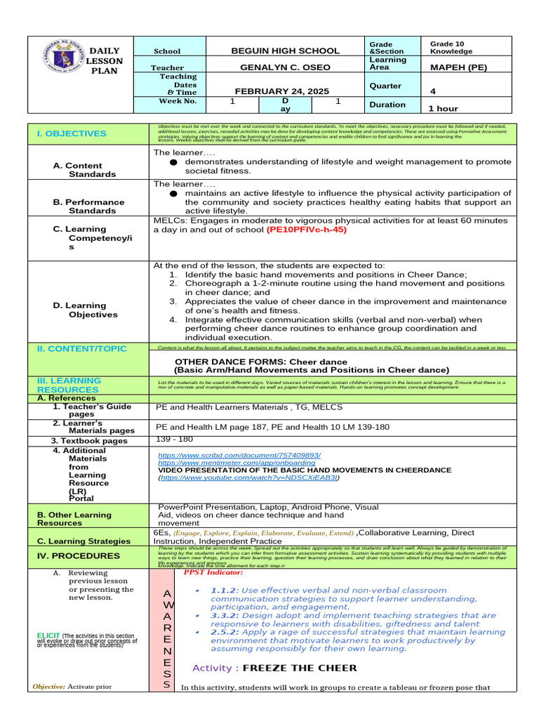 Q4 COT MAPEH 10 PE Hand Movement Position in Cheer Dance | PDF ...