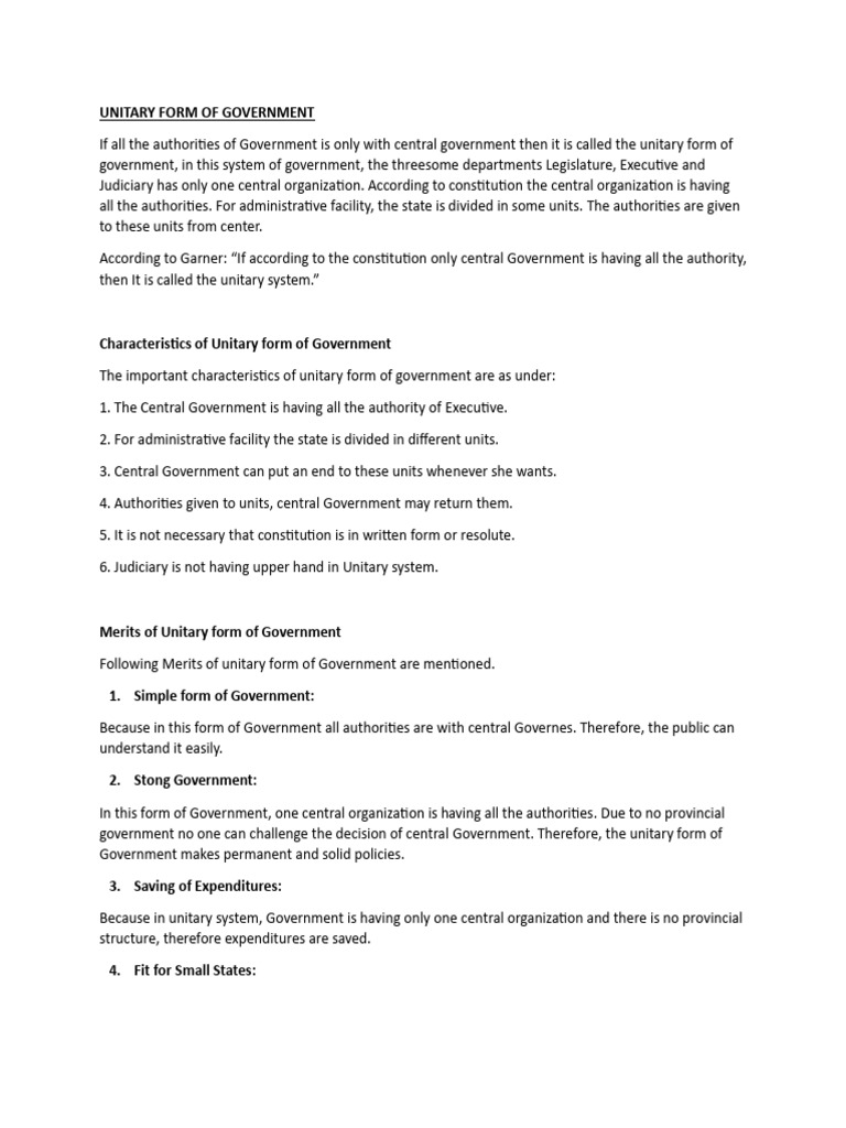 Overview of Unitary Government System | PDF | Government | Political ...