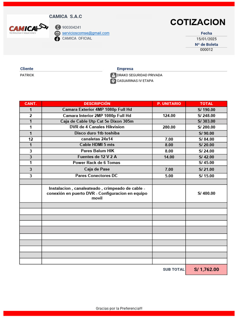 Cotizacion de Camaras Drako | PDF