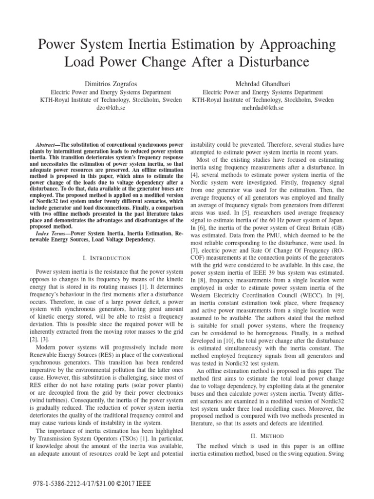 Power System Inertia Estimation by Approaching Load Power Change After A Disturbance | PDF ...