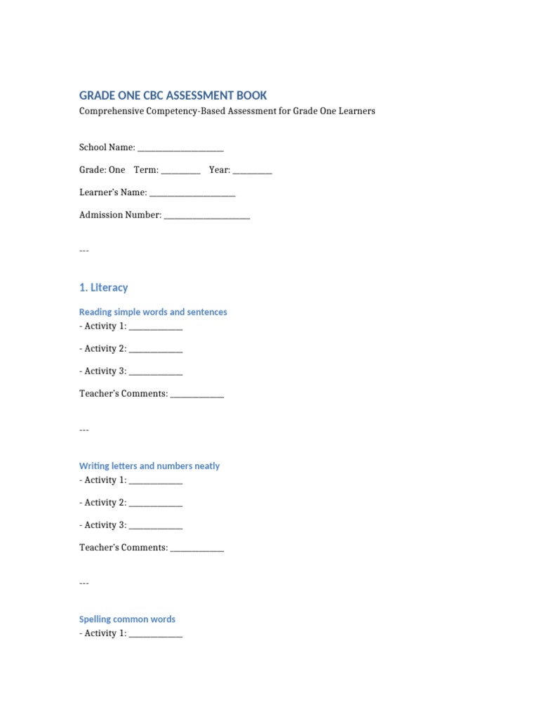Grade One CBC Assessment Book | PDF | Learning | Behavior Modification