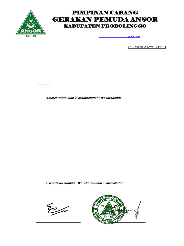 Contoh Permohonan SK PC GP Ansor Kab. Probolinggo 2022_2026 | PDF