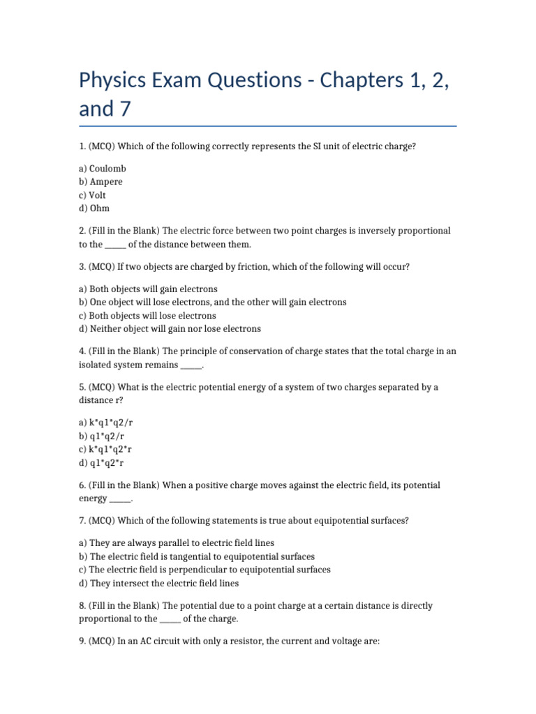 Physics Exam Questions: Chapters 1, 2, 7 | PDF | Capacitor | Electric Field