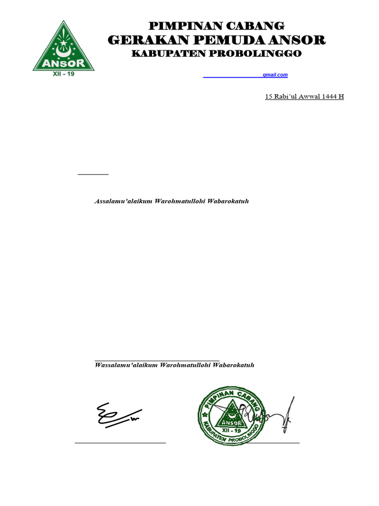 Contoh Permohonan Rekomendasi SK PC GP Ansor Kab. Prob 2022 - 2026 | PDF