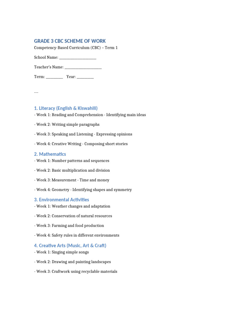 Grade 3 CBC Scheme of Work | PDF