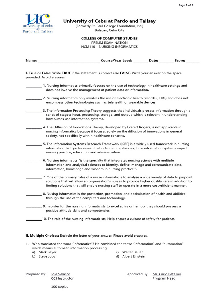 TQ - NCM110 Nursing Informatics Prelim Exam | PDF | Health Informatics | Electronic Health Record