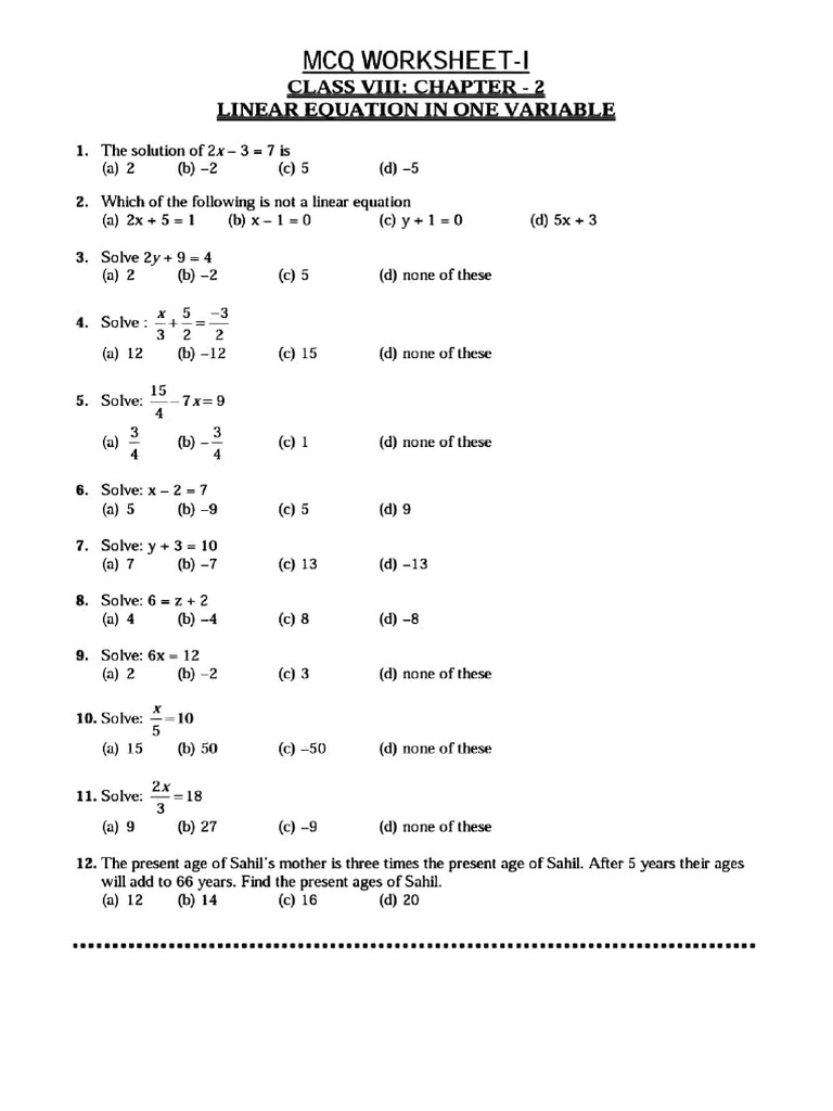MCQ Worksheet on Linear Equations | PDF | Length | Ratio