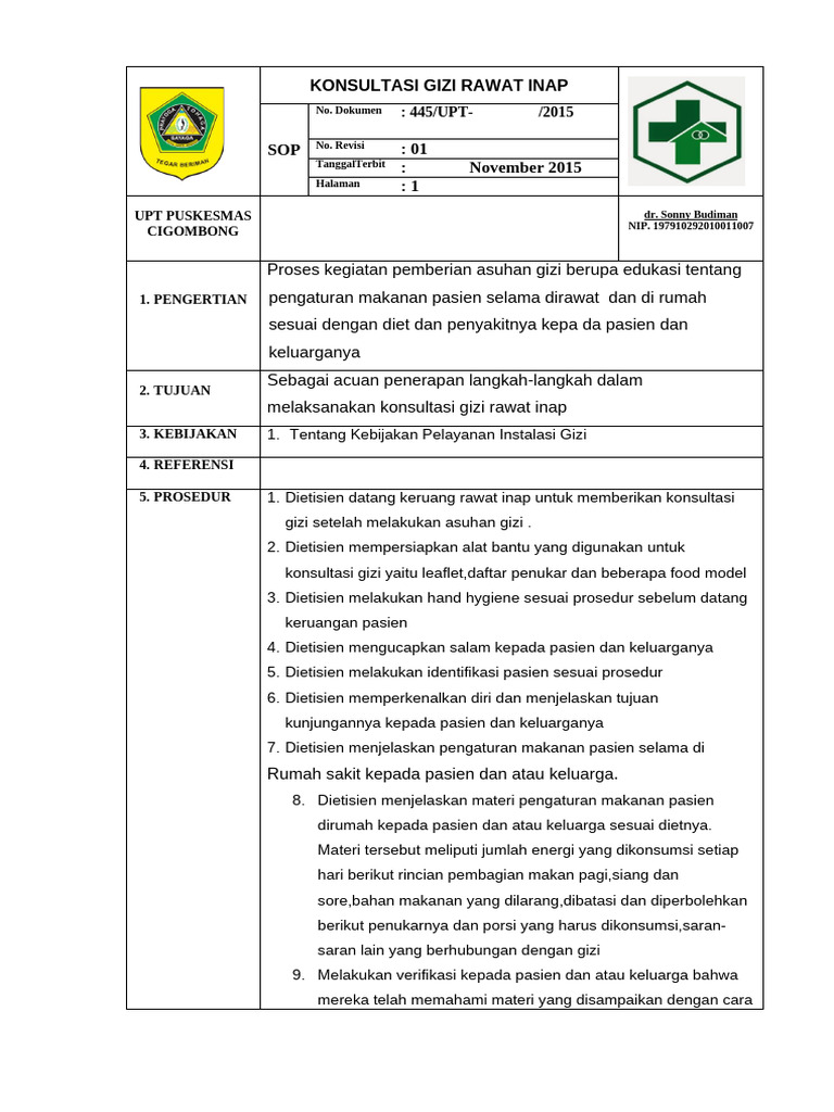 Sop Konsultasi Gizi Rawat Inap | PDF