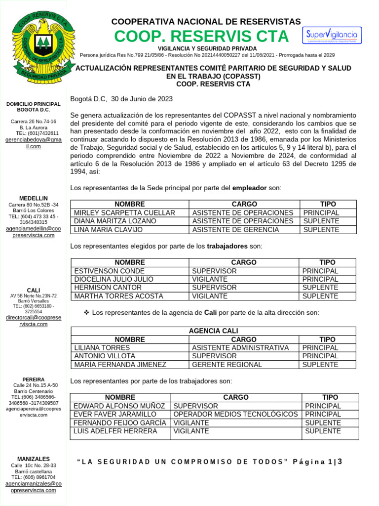 Actualización COPASST Coop. Reservis C.T.A. | PDF