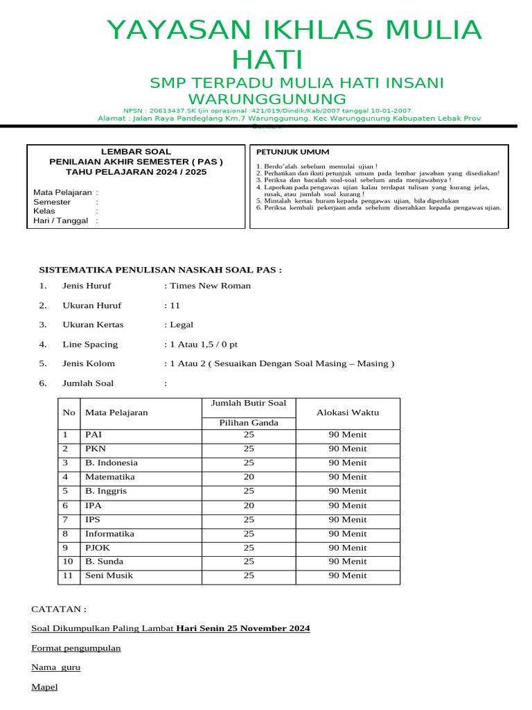 Kop Soal Pas 2024 | PDF