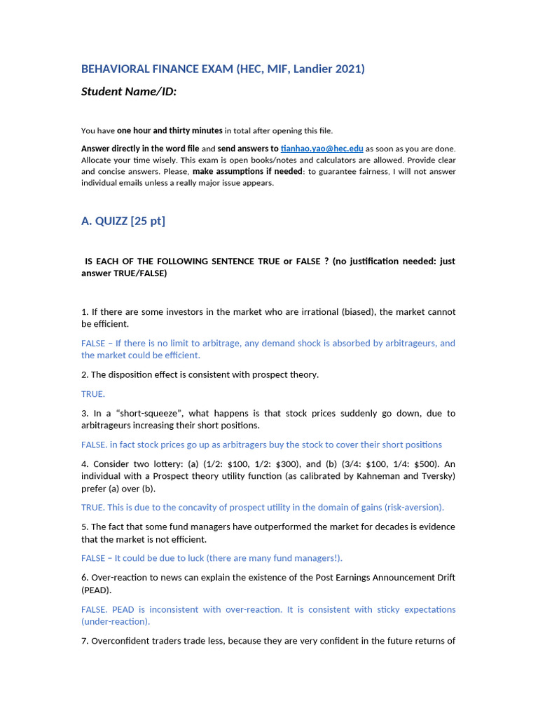 Behavioral Finance Exam 2021 - SOLUTION | PDF | Stocks | Arbitrage