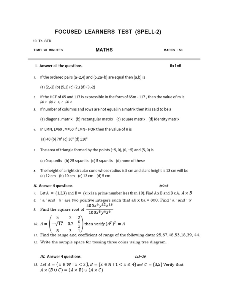 10TH Maths FLT SP2 em | PDF | Matrix (Mathematics) | Mathematical Objects